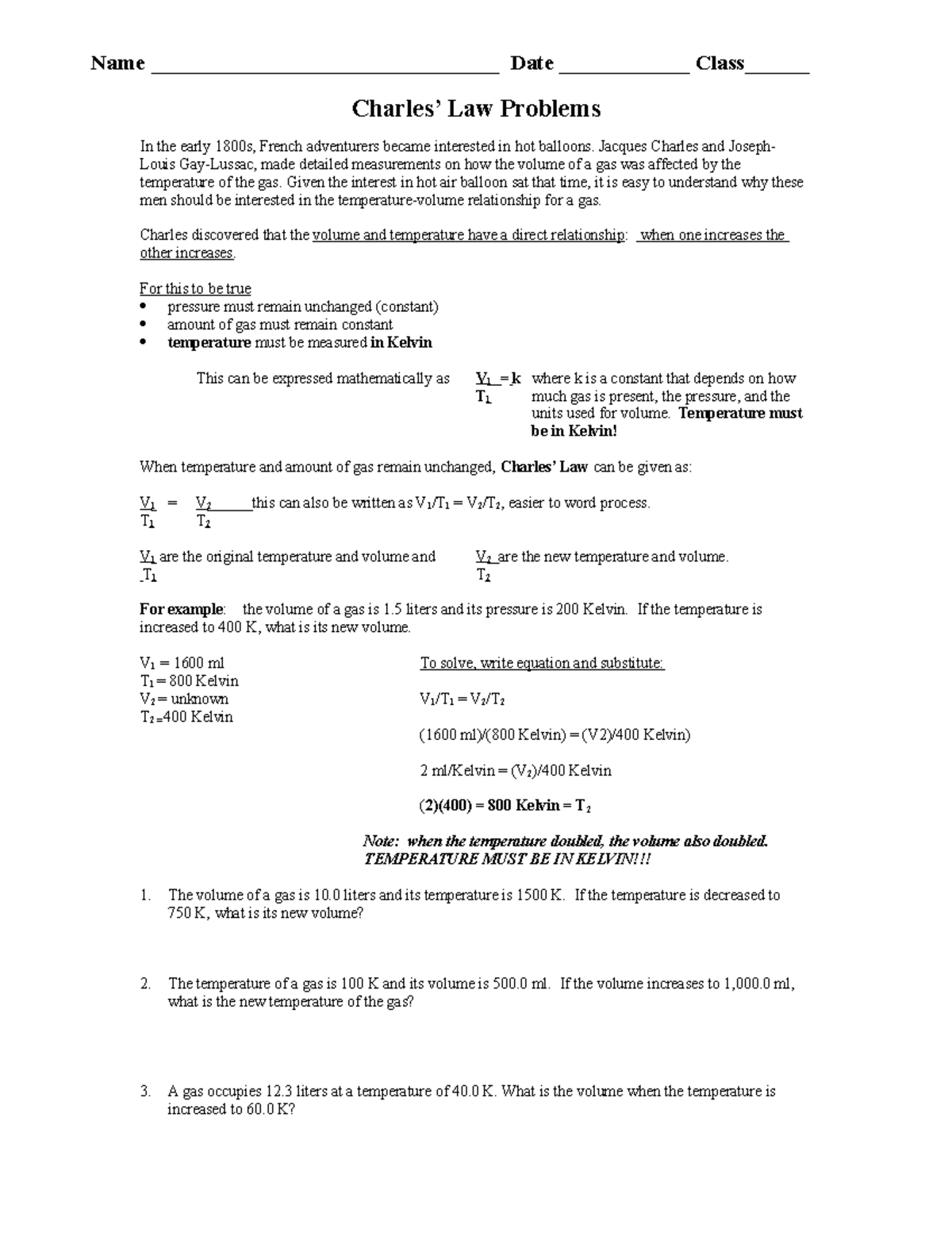 Charles' Law Problem Set (with Answers) for Physics 101 - Studocu