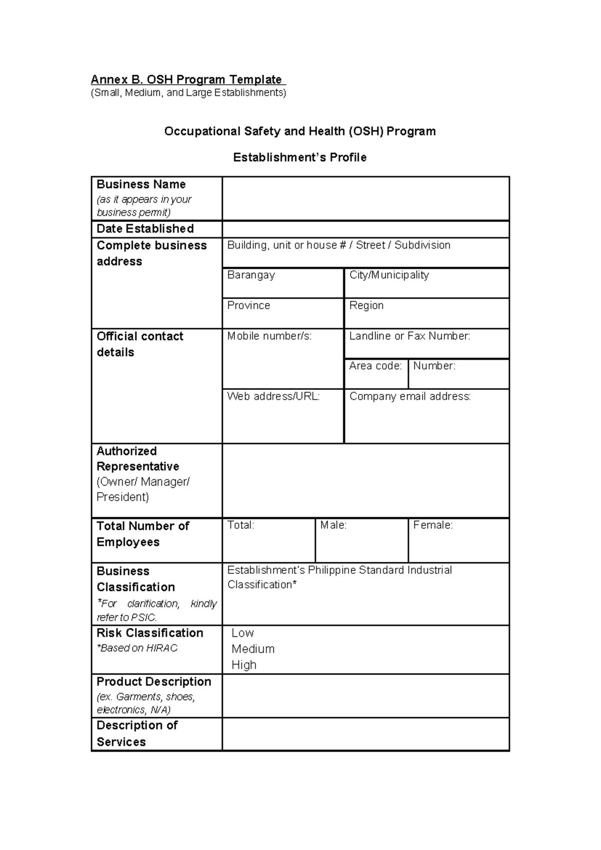 OSH Program Template for Small, Medium, and Large Establishments - Studocu