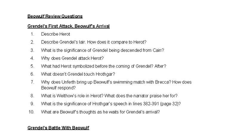Beowulf Review Questions: Grendel's Attack & Battle Insights - Studocu