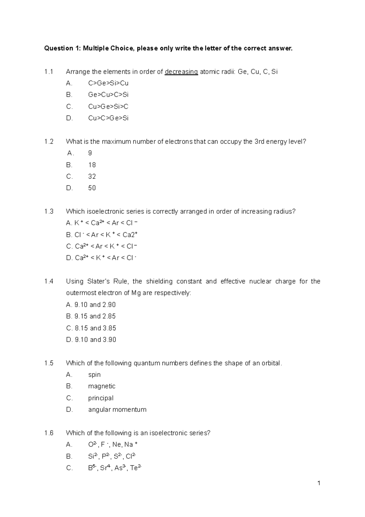 INC150X Test 1: Multiple Choice Questions on Atomic Structure and ...