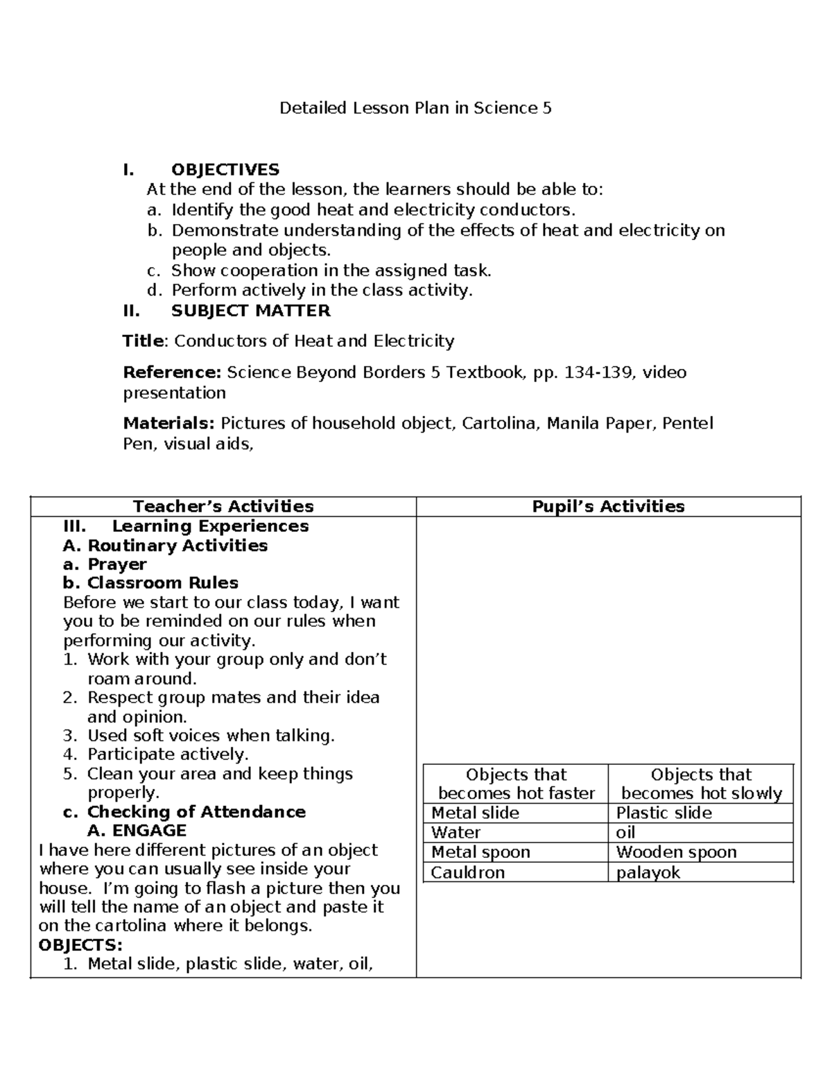 Detailed Lesson Plan: Conductors of Heat & Electricity (Science 5 ...