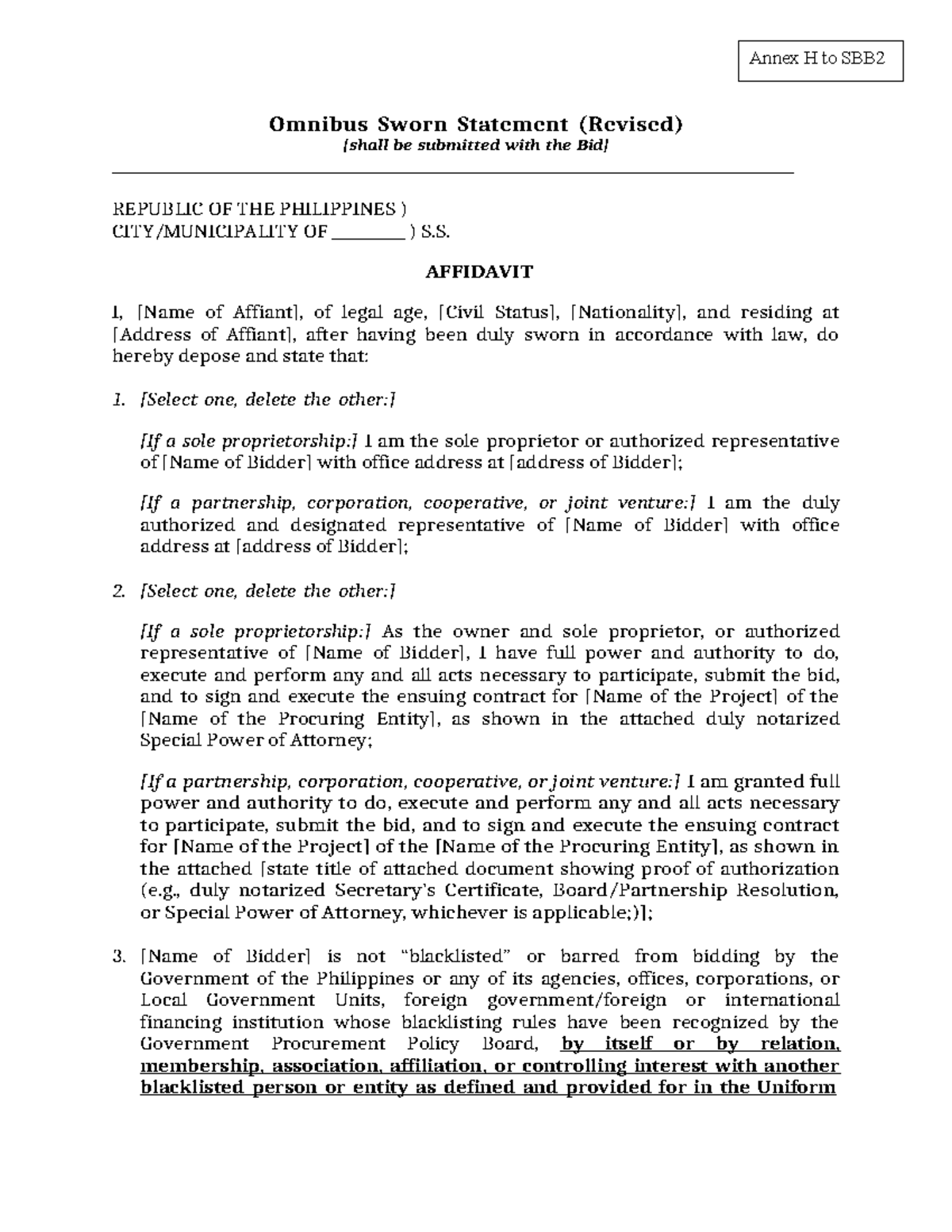 SBB2 Annex H: Revised Omnibus Sworn Statement for Bidding 2021-CB-013a - Studocu