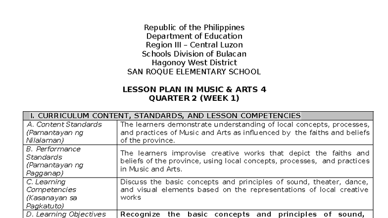 MAPEH 4 Lesson Plan: Music & Arts Q2 Week 1 - Bendian Dance - Studocu