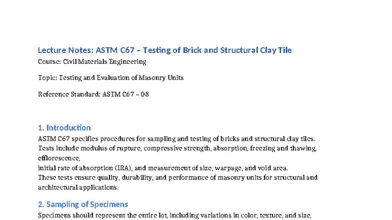 ASTM C67 Lecture Notes - ASTM Standard - Lecture Notes: ASTM C67 ...