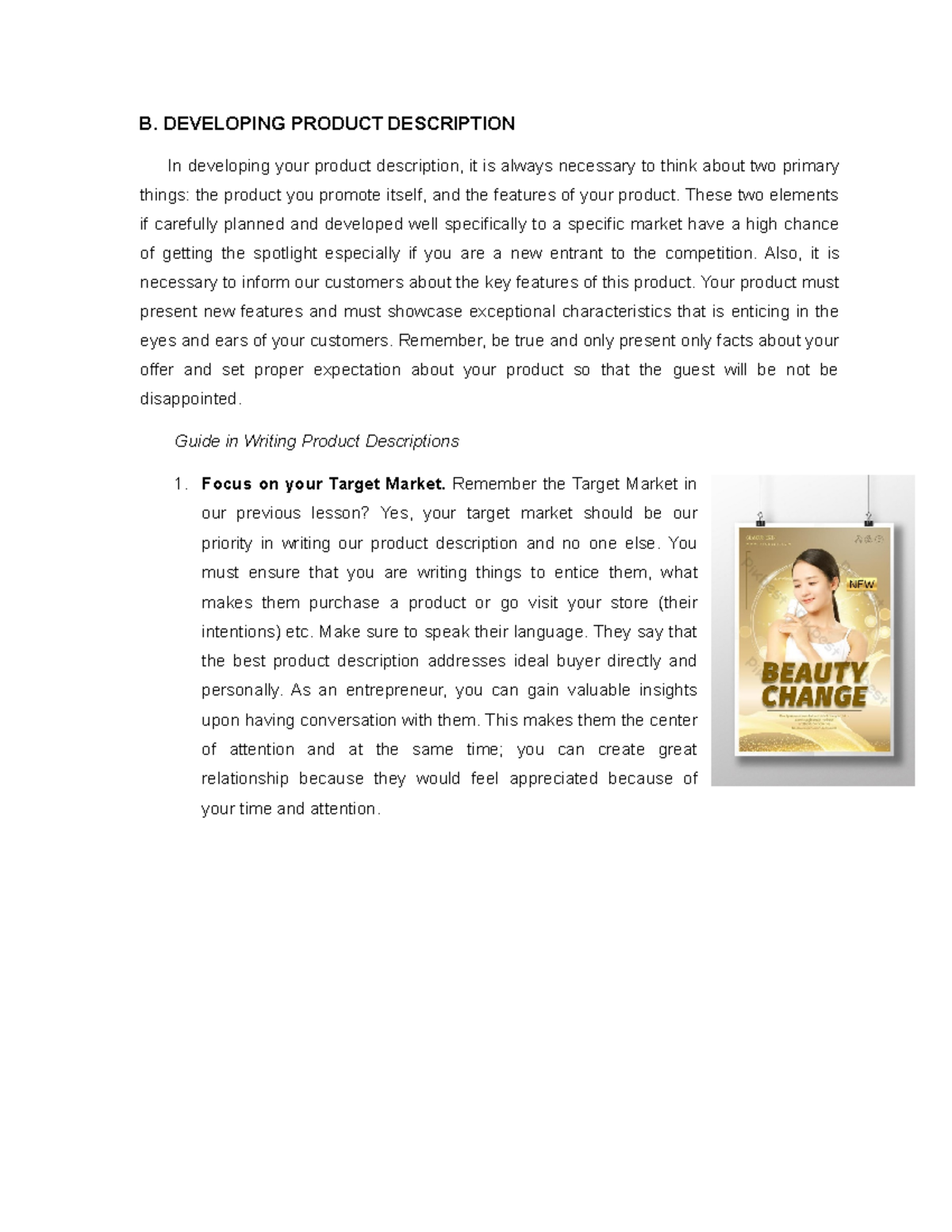 Entrep 2Q - B. DEVELOPING PRODUCT DESCRIPTION In developing your ...