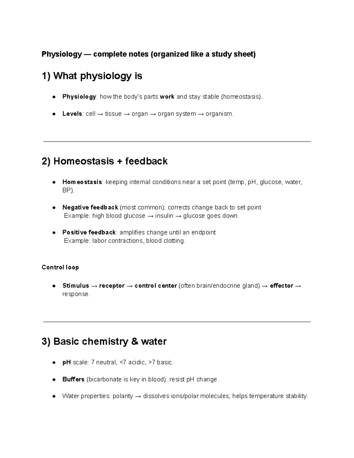 Physiology 101: Comprehensive Study Sheet Notes - Studocu
