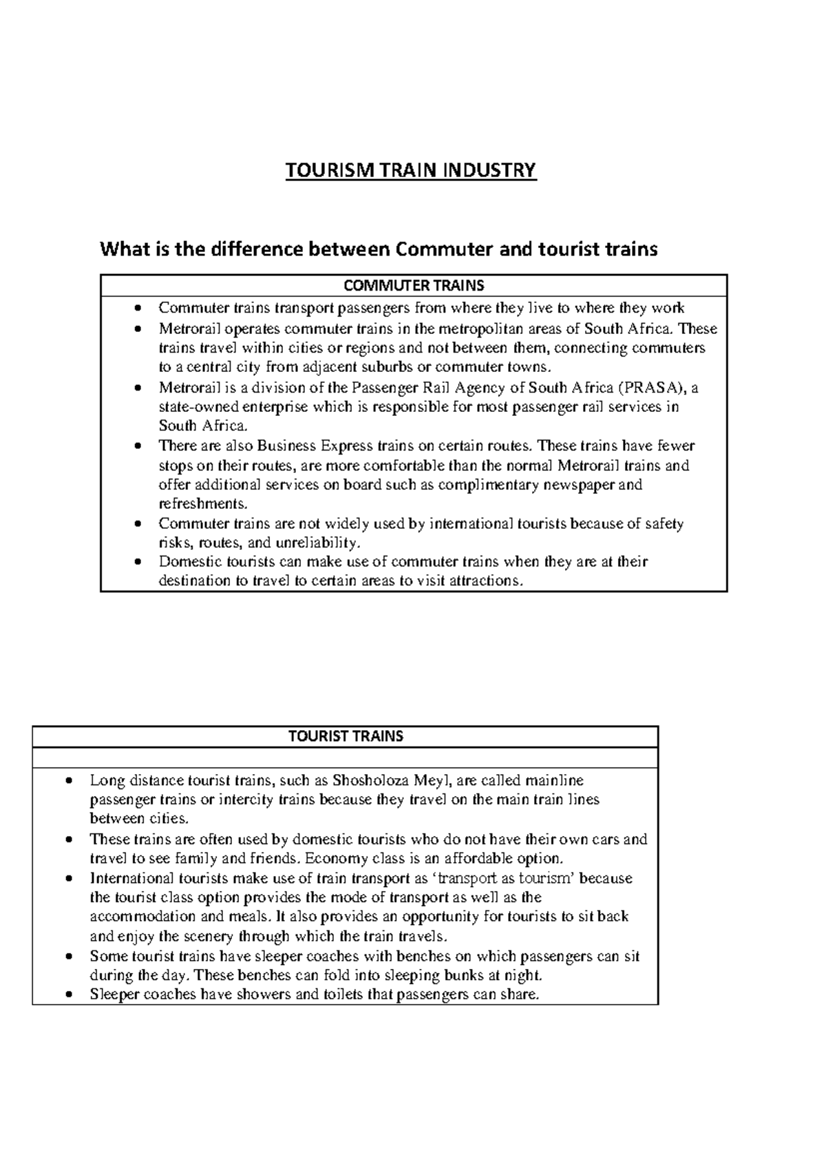 Analyzing the Tourism Train Industry: Commuter vs. Tourist Trains - Studocu