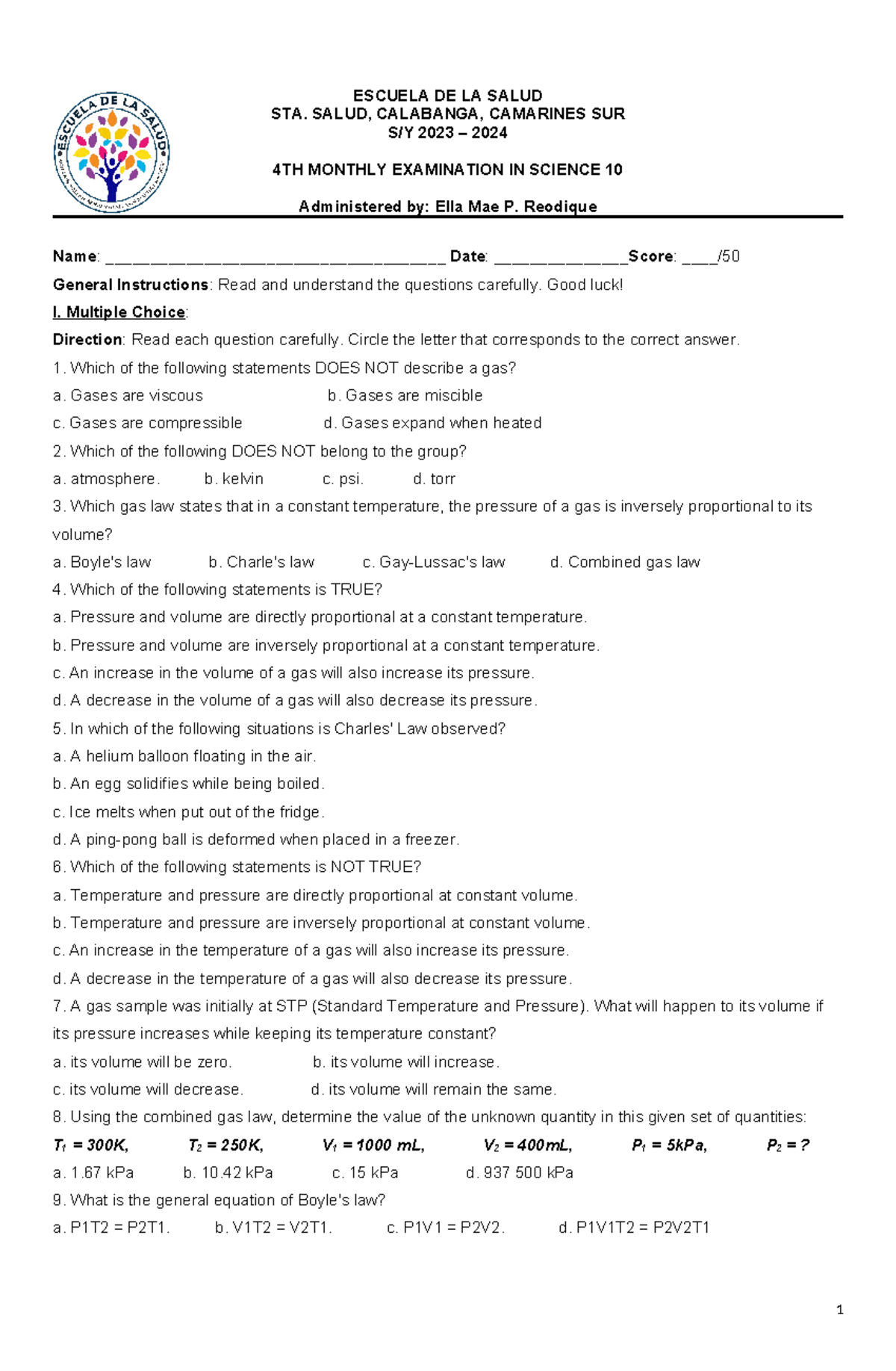 4th-Monthly-Examination-in-Science 10 to print - ESCUELA DE LA SALUD ...