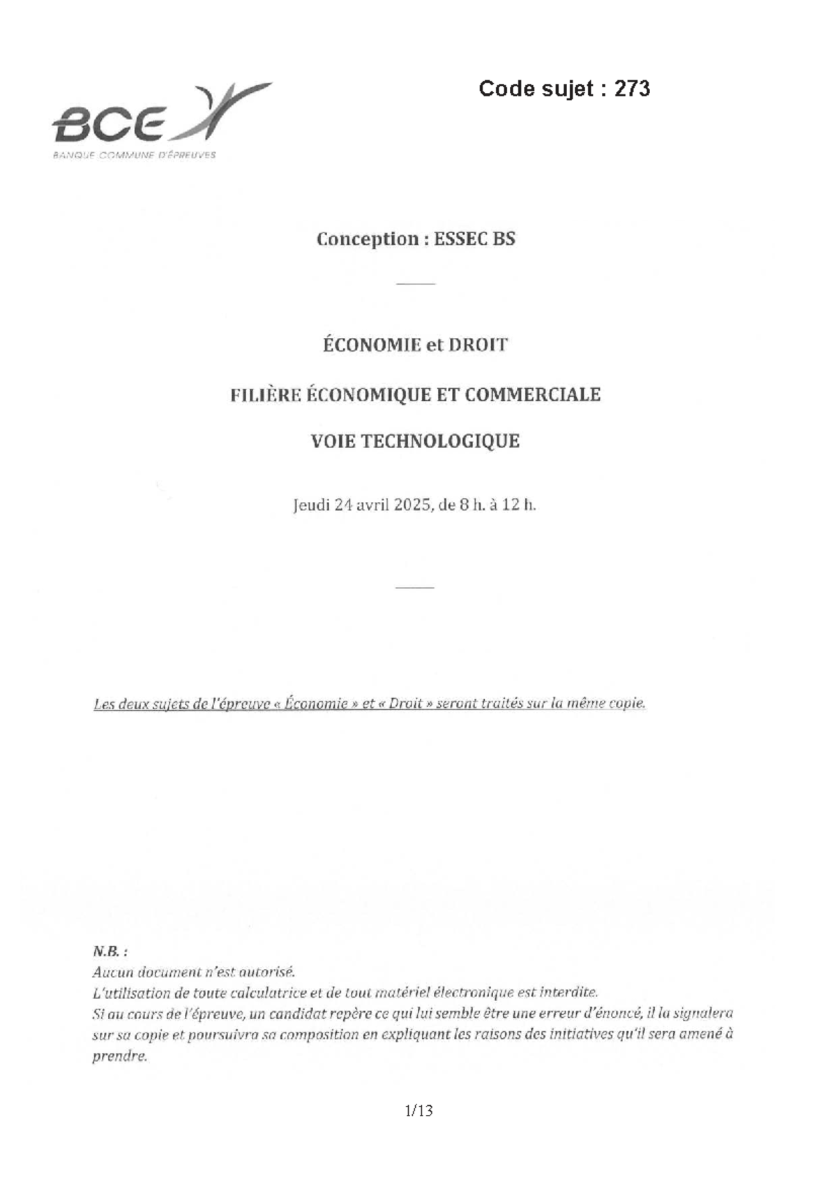 Sujet ECO- Droit CCIP 2025 fait - Mathématiques - Code sujet : I M P R ...