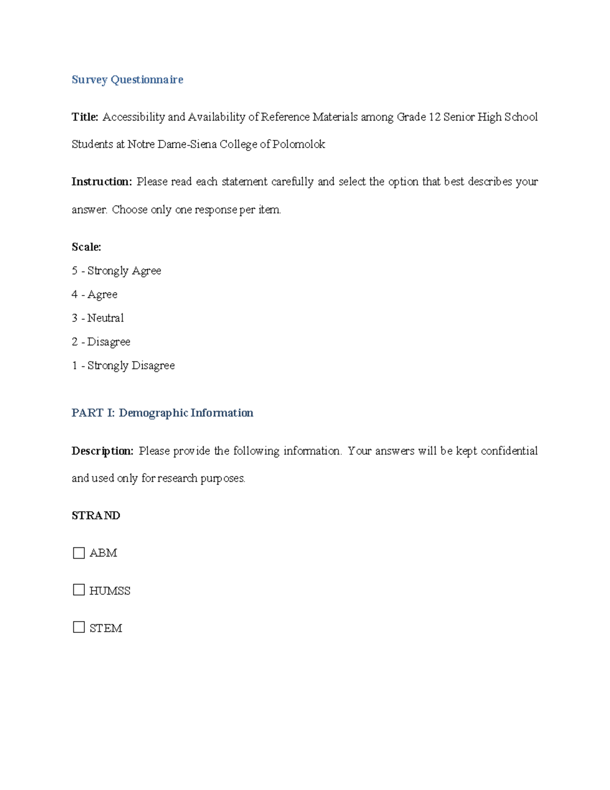 Survey Questionnaire: Accessibility of Reference Materials for Grade 12 ...