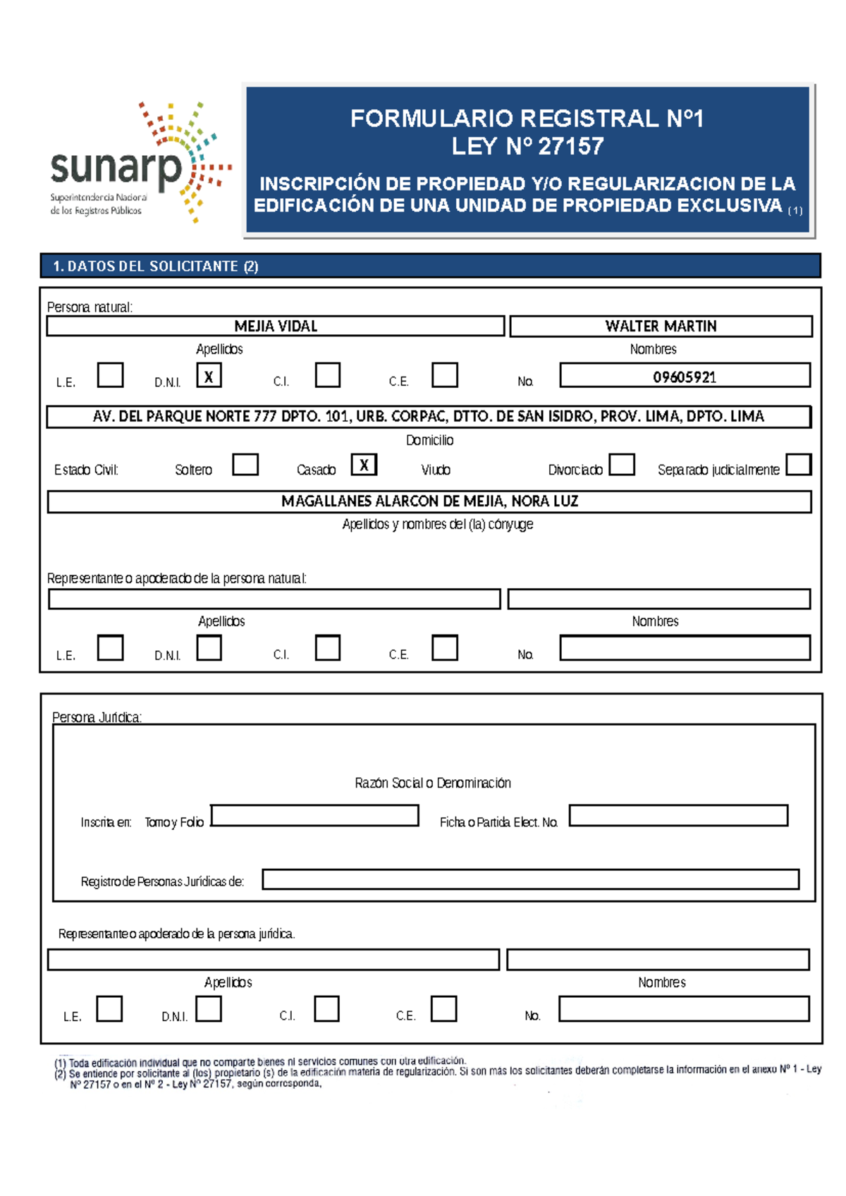 FORMULARIO REGISTRAL Nº1 - INSCRIPCIÓN DE PROPIEDAD EXCLUSIVA - Studocu