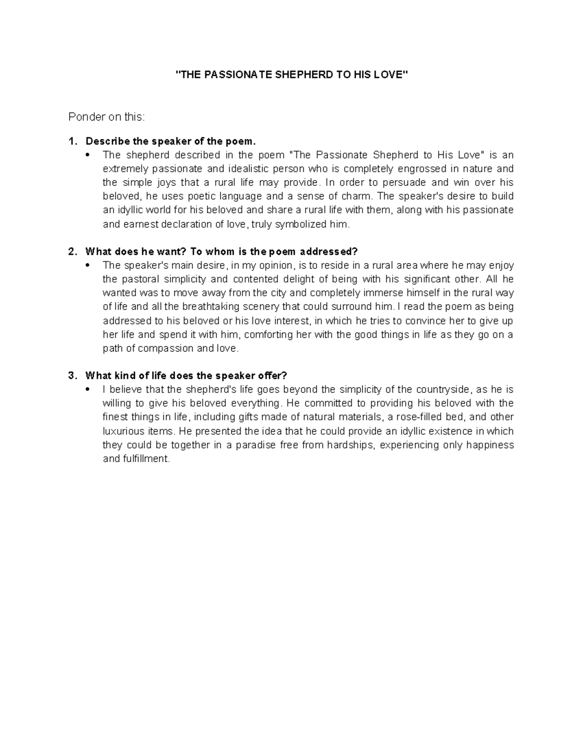 "The Passionate Shepherd to His Love: Analysis & Insights" - Studocu