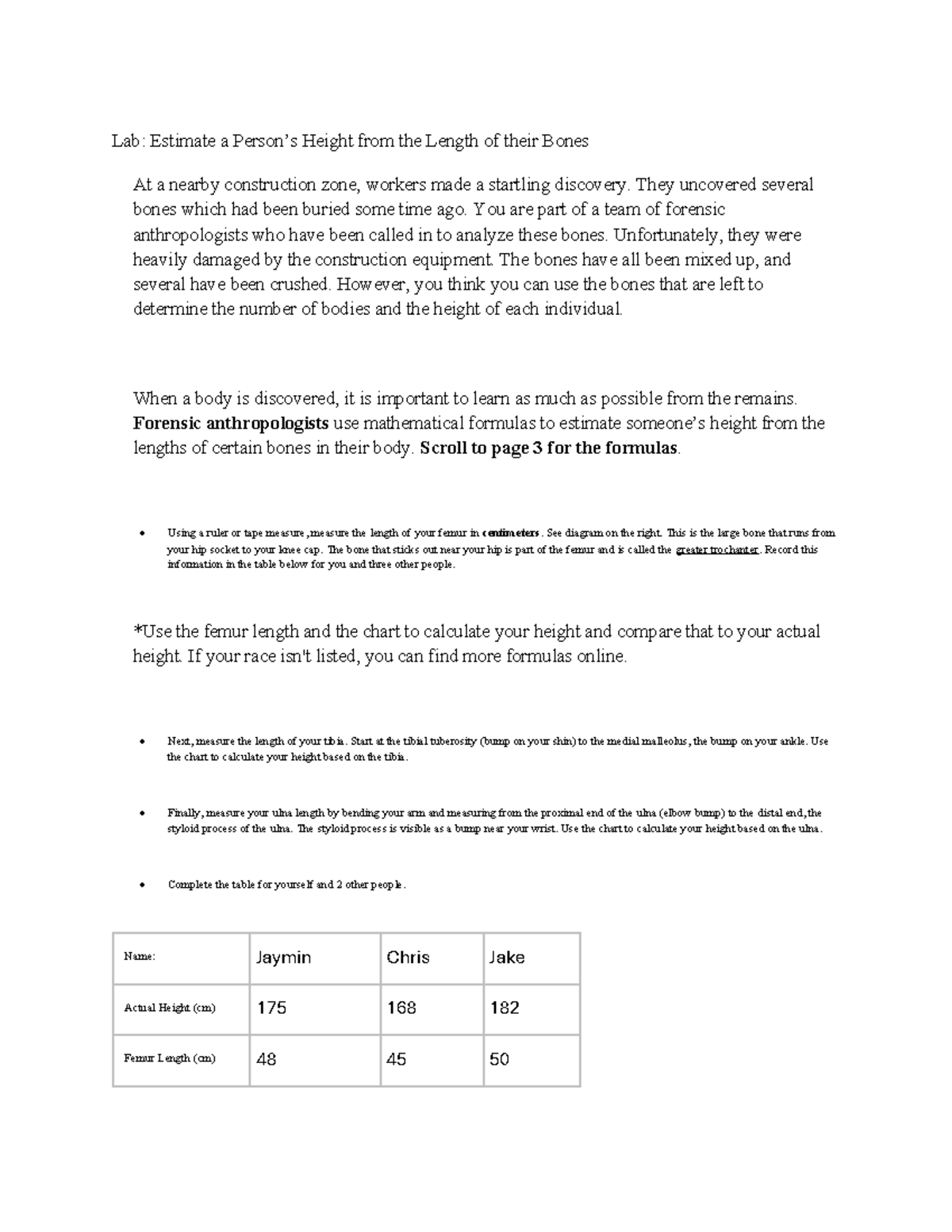 Forensic Analysis: Estimating Height from Bone Lengths (Lab) - Studocu