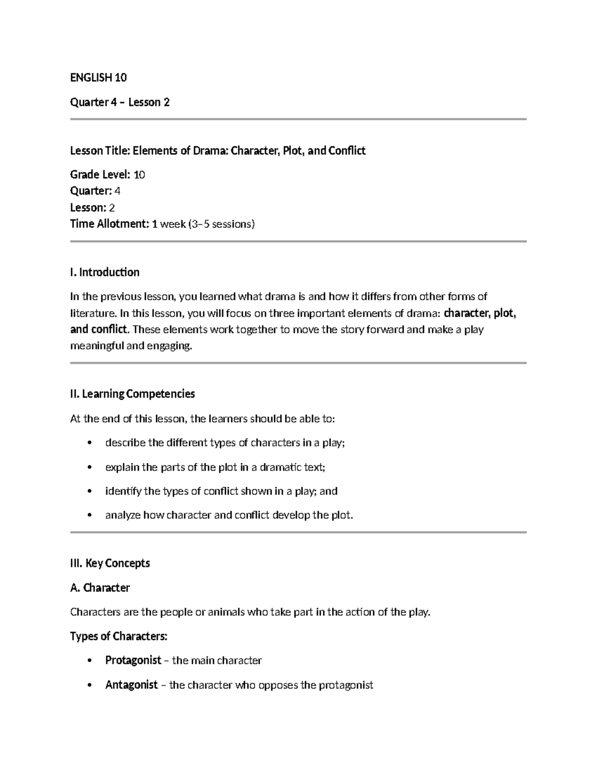ENGLISH 10 Q4 L2: Elements of Drama - Character, Plot & Conflict - Studocu