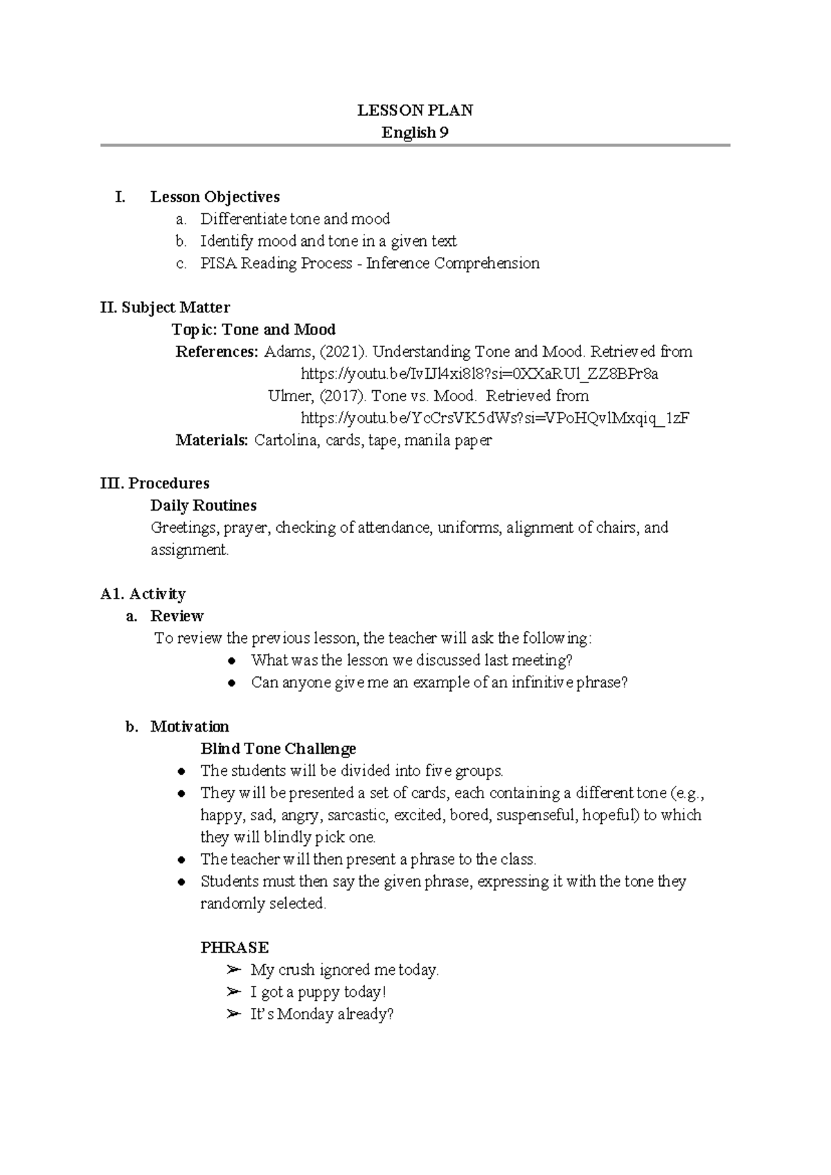 English 9 Lesson Plan: Exploring Tone and Mood in Literature - Studocu