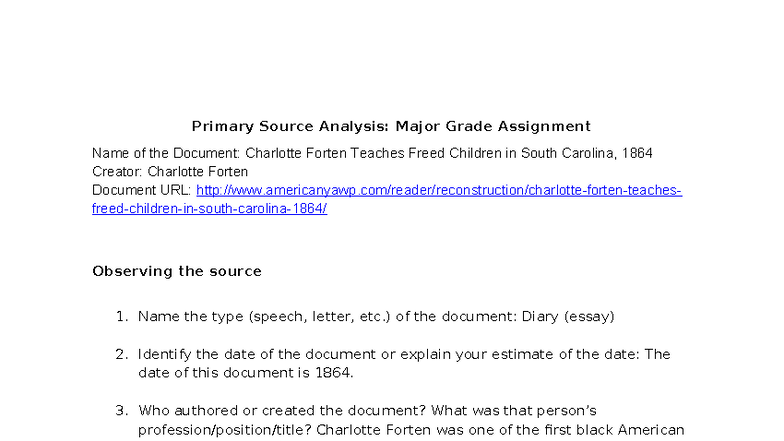 Primary Source Analysis: Charlotte Forten's Diary (1864) - Studocu