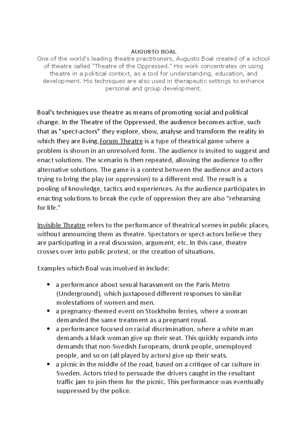Augusto Boal: Techniques of Theatre in Social Change and Education ...