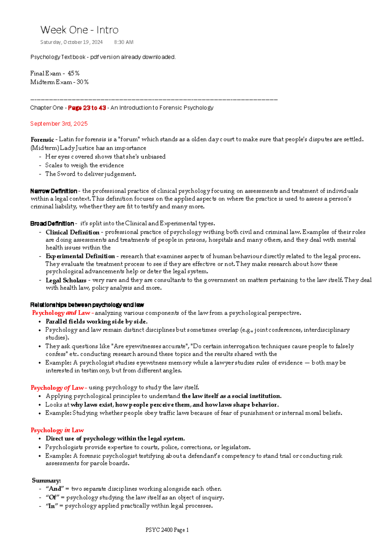 Chapter 01 - Week 01 Overview of Forensic Psychology - PSYC 2400 - Studocu