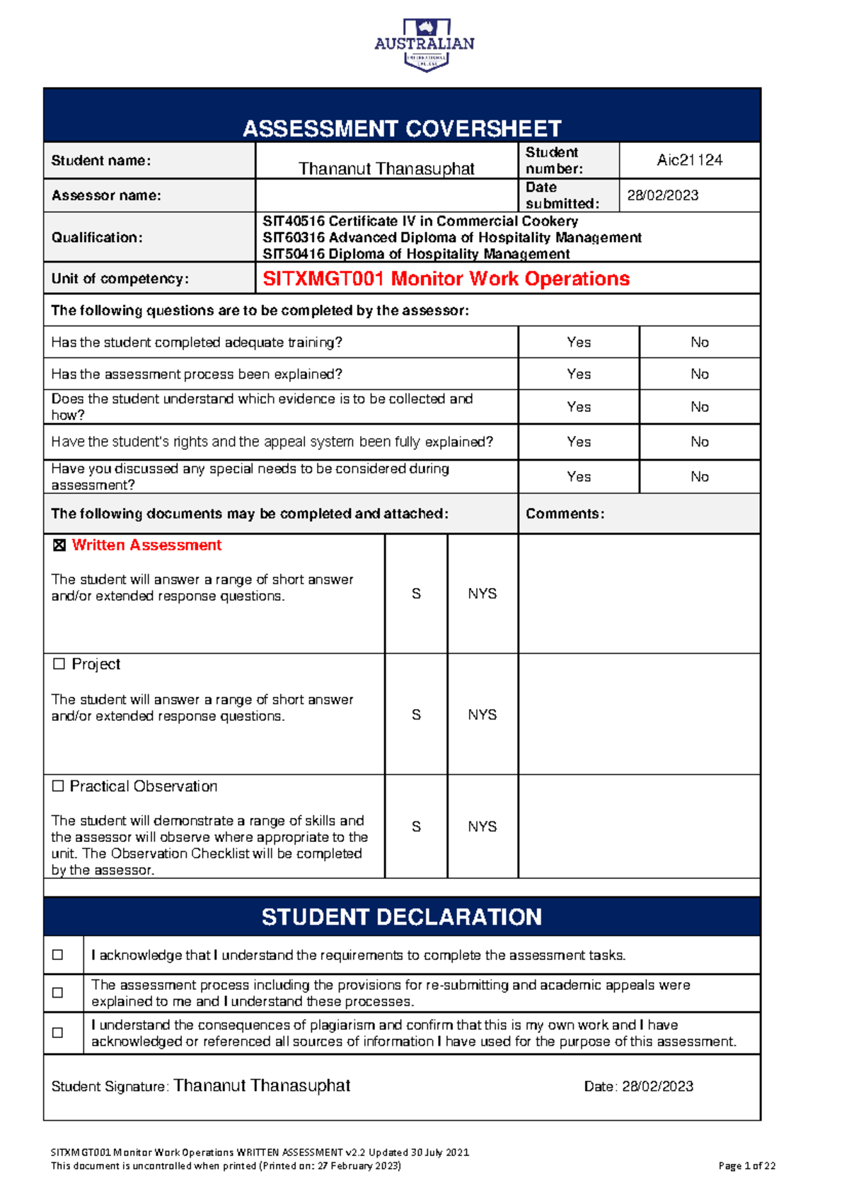 SITXMGT001 Monitor Work Operations - Assessment 1 Written Guide - Studocu