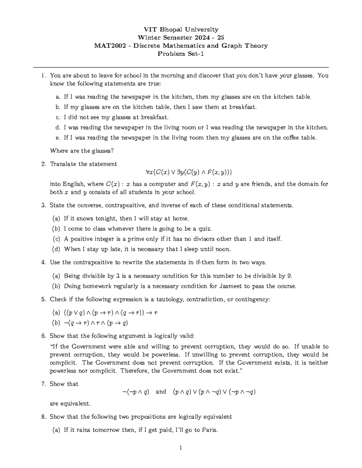 MAT2002 Discrete Mathematics & Graph Theory Problem Set 1 - Studocu