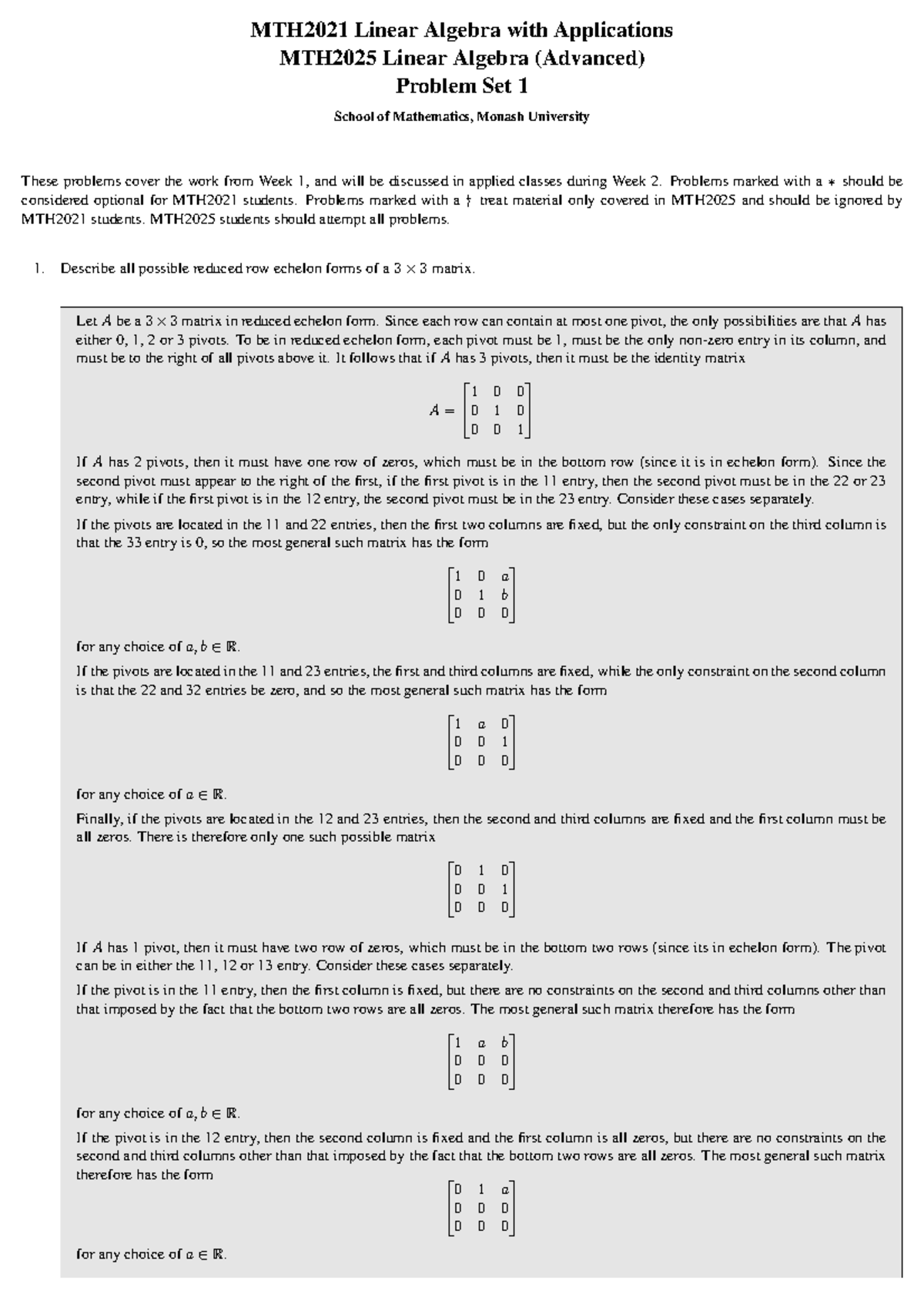 MTH2021 MTH2025 Linear Algebra Problem Set 1 Solutions - Studocu