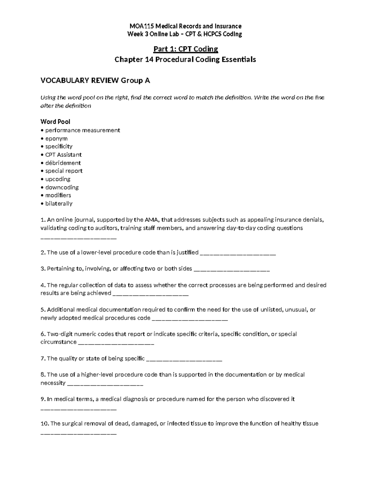 Week 3 Online Lab 15e - week 3 work - MOA115 Medical Records and ...