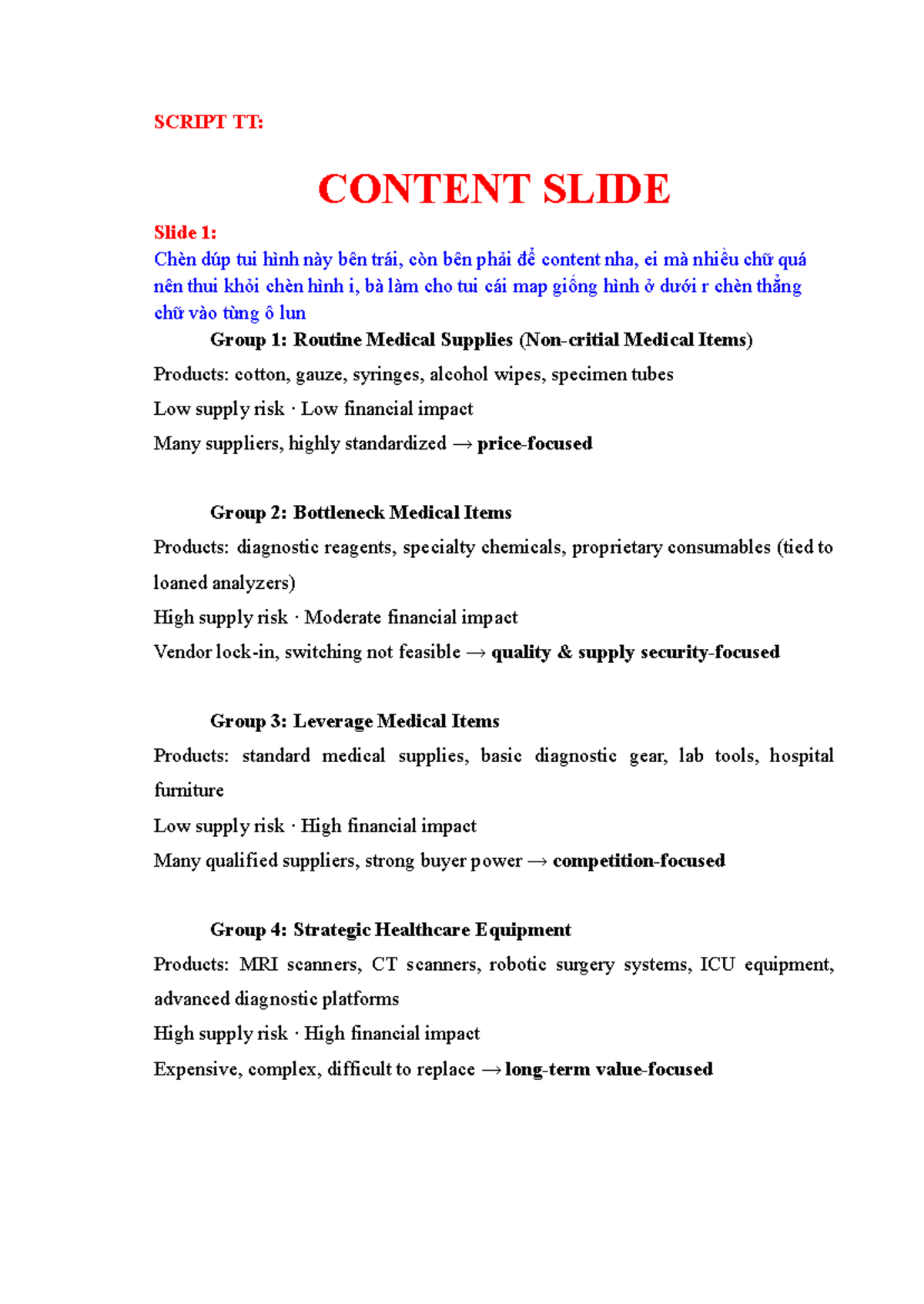 SCRIPT TT: CONTENT SLIDE - Medical Supply Risk Analysis [Qlmhtc] - Studocu