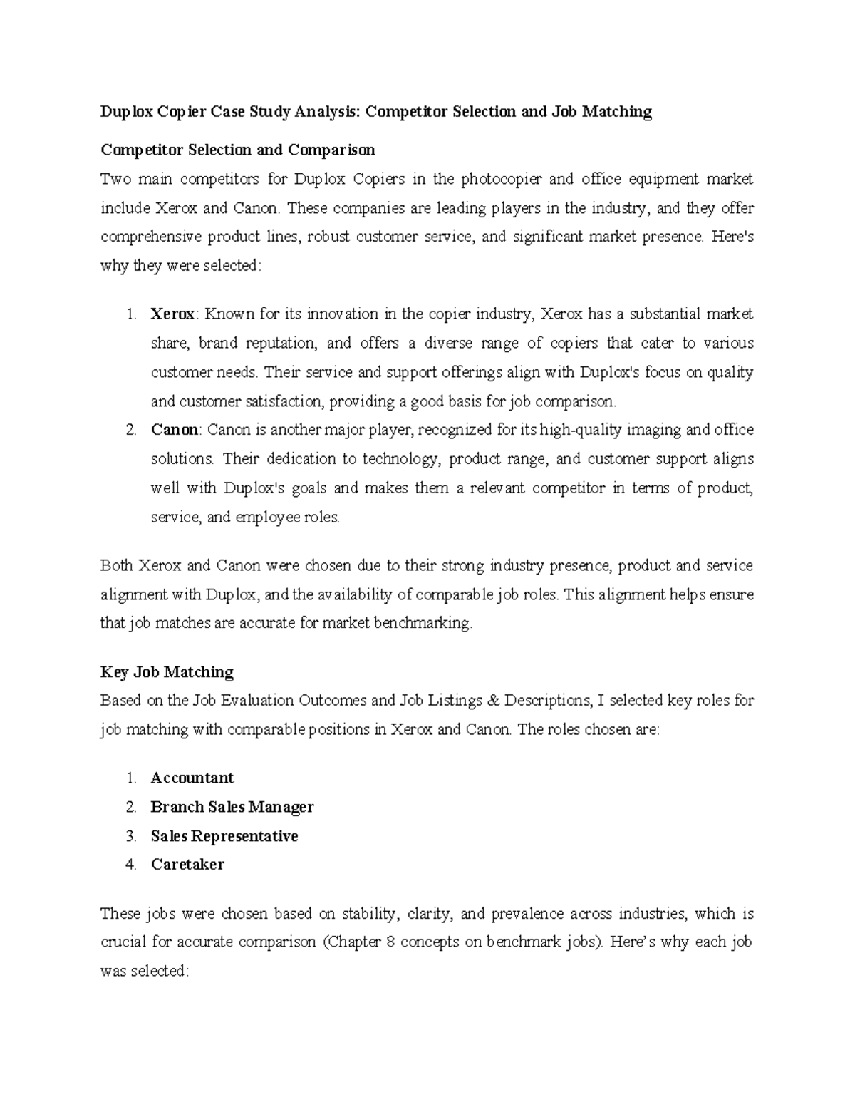Duplox Copier Case Study: Job Matching & Competitor Analysis - Studocu