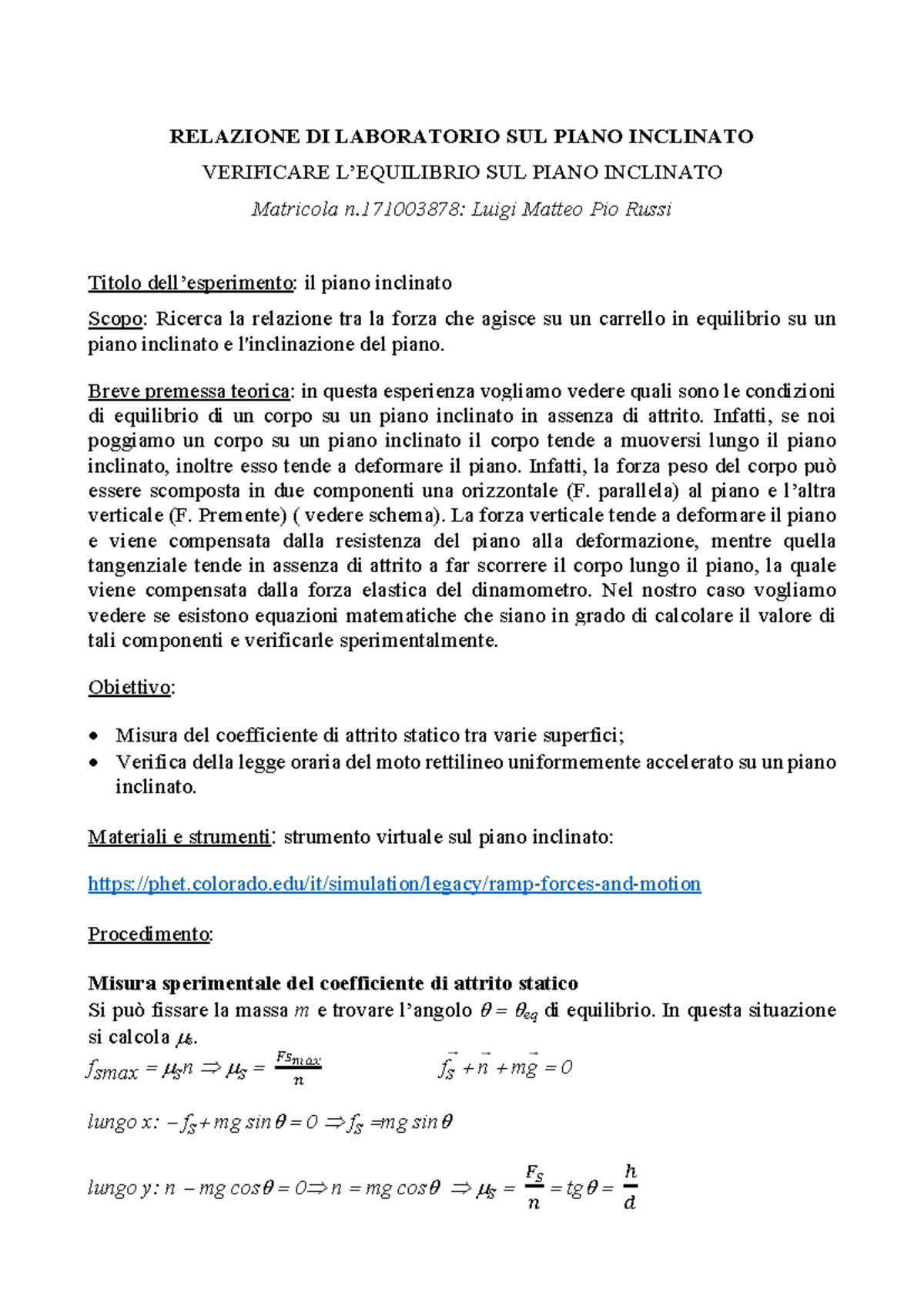 Relazione di Laboratorio: Equilibrio e Attrito sul Piano Inclinato ...