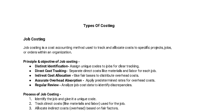 Methods of Costing: Job, Process, Batch, and ABC - ACC101 - Studocu