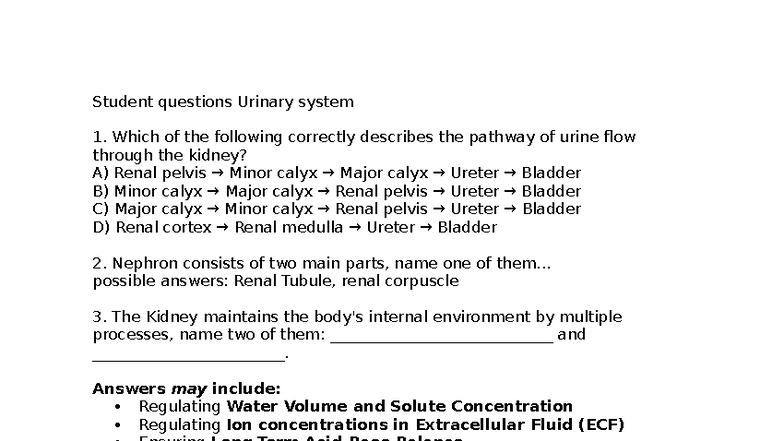 Urinary System Quiz Questions and Answers (Course Code: BIO101) - Studocu