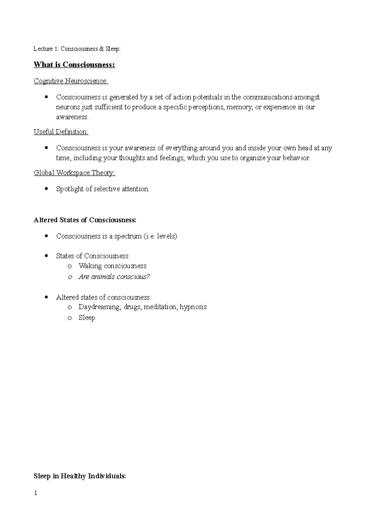 Lecture 1: Consciousness and Sleep - PSY1005S Overview - Studocu