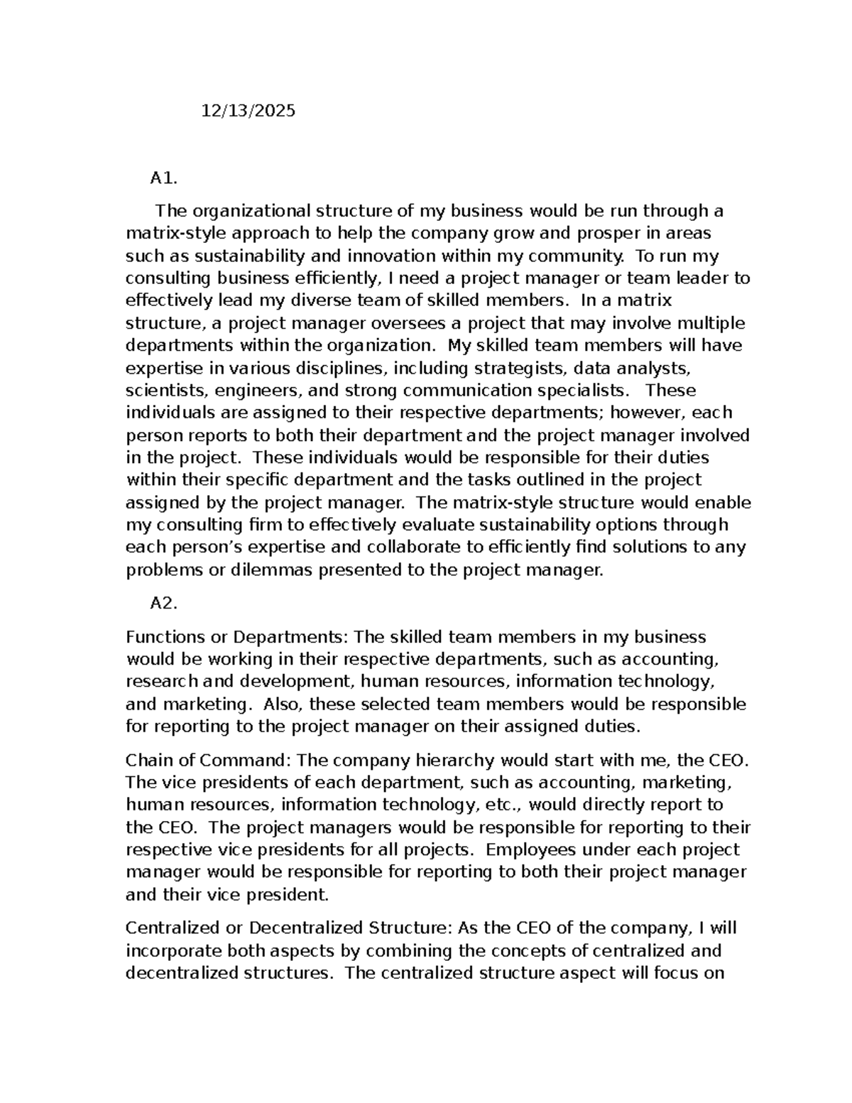 D078 Task 1 - Organizational Structure and Management Strategy - Studocu