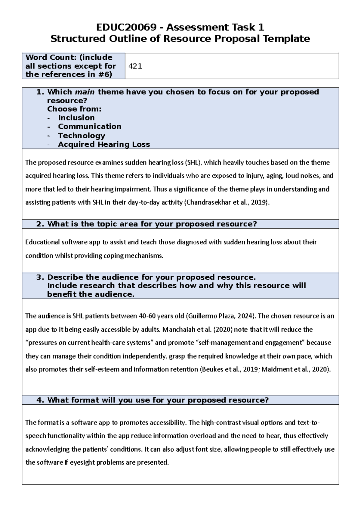 EDUC20069 Assessment Task 1: Structured Outline for SHL Resource ...