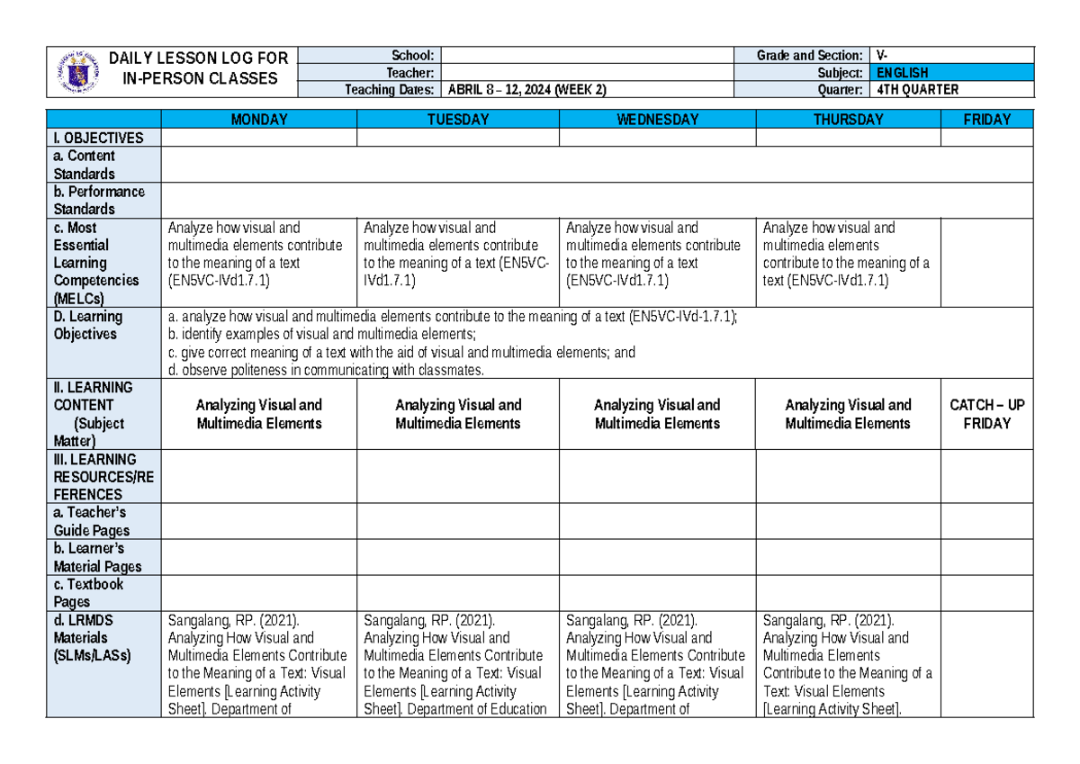 G5 Q4W2 Daily Lesson Log: Analyzing Multimedia Elements in English ...