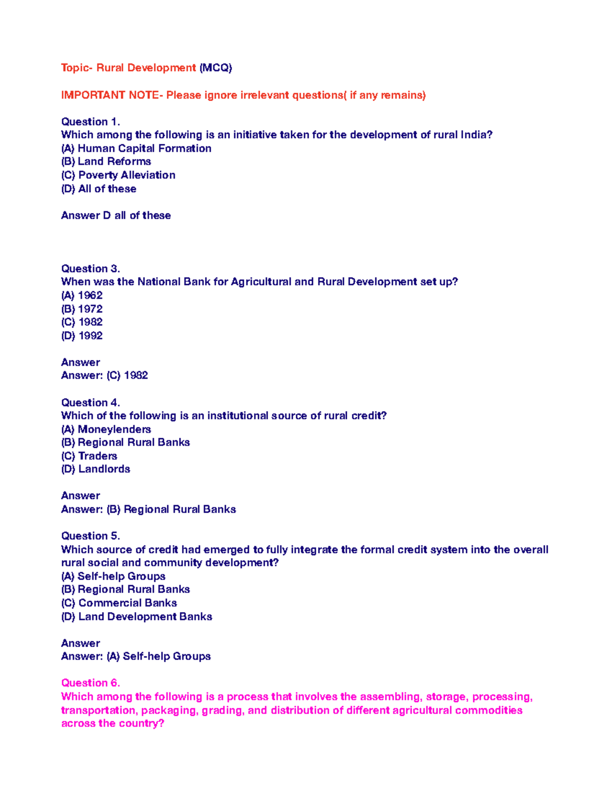 Rural development MCQ - Topic- Rural Development (MCQ) IMPORTANT NOTE ...