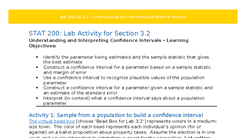 STAT 200: Lab 3.2 - Understanding Confidence Intervals and Their Applications - Studocu