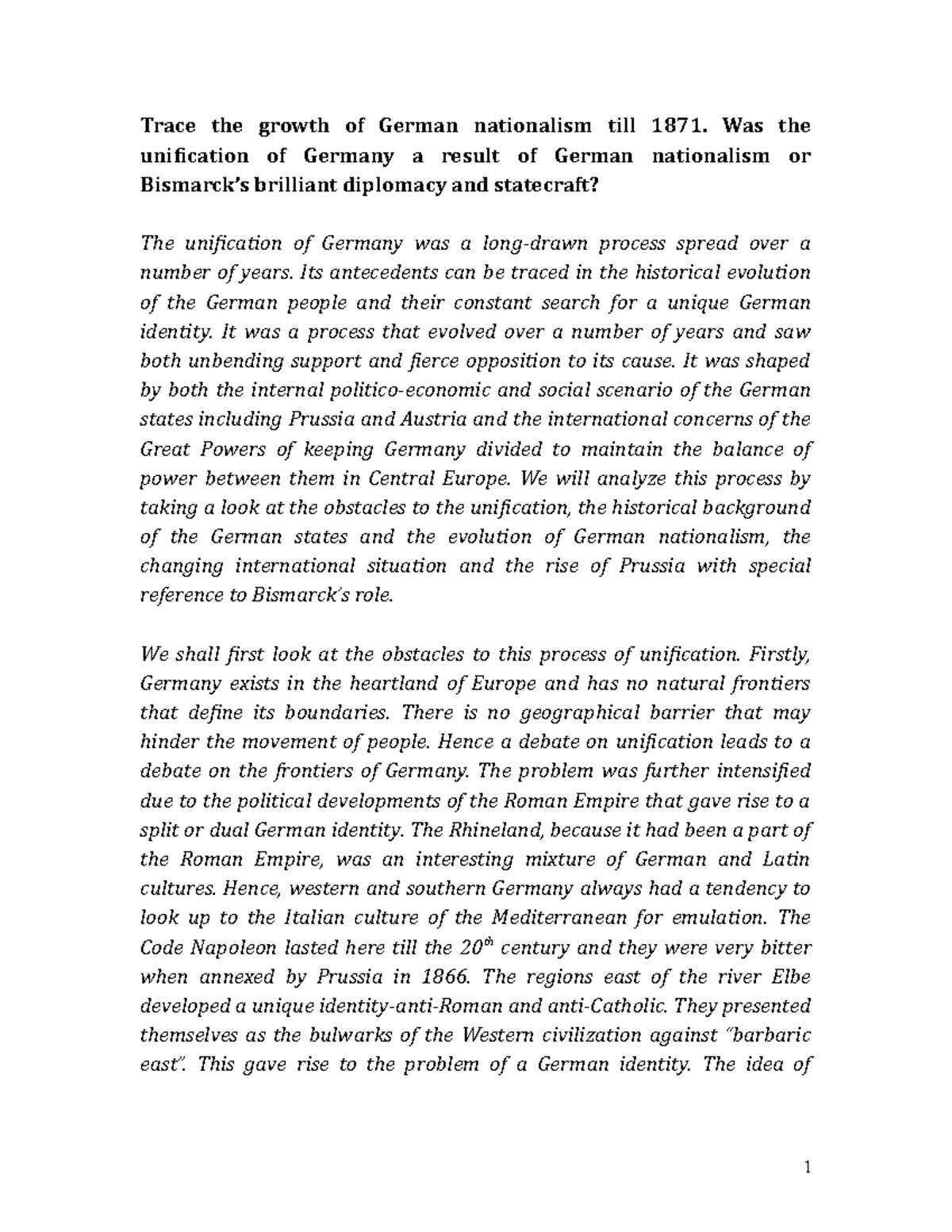 Growth of German Nationalism & Unification: 1815-1871 Analysis - Studocu