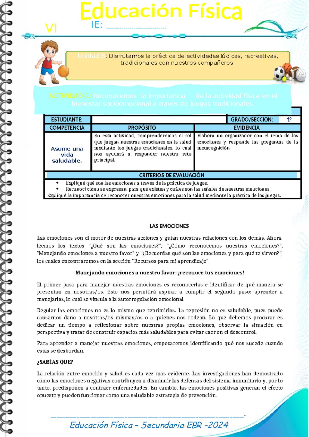 1° ACT 1 EF UNI 8 - SEM 1 - JUEGOS TRADICIONALES Y EMOCIONES - Studocu