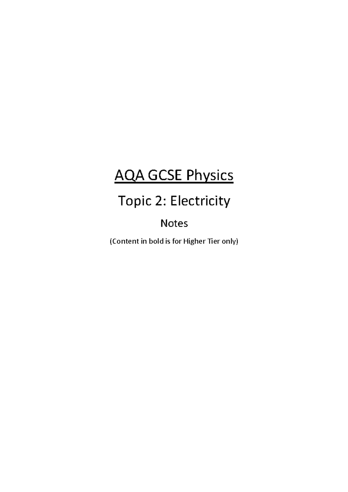 AQA GCSE Physics - Electricity Topic 2 Summary Notes - Studocu