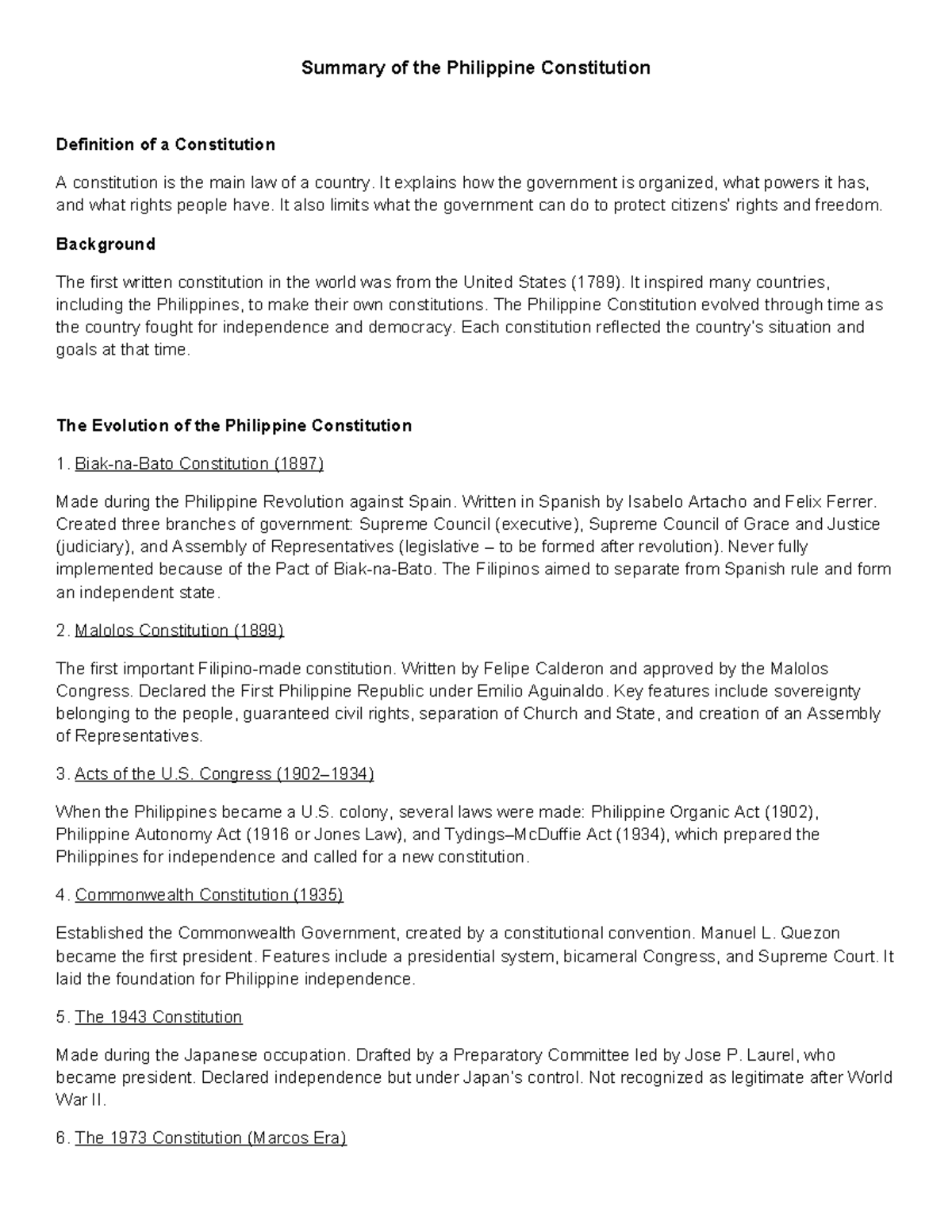 Summary of the Philippine Constitution: Historical Evolution and Key ...