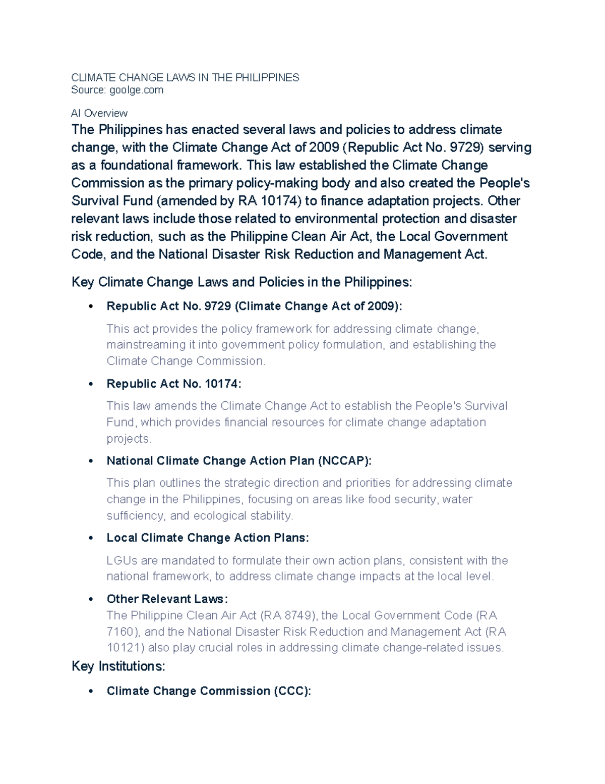 CLIMATE CHANGE LAWS IN THE PHILIPPINES: An Overview of RA 9729 ...
