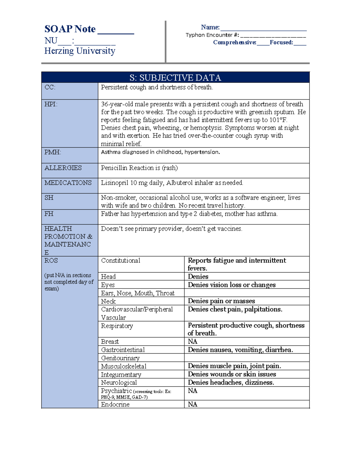 SOAP Note Template - unit 4 - SOAP Note _______ NU___:_________ Herzing ...