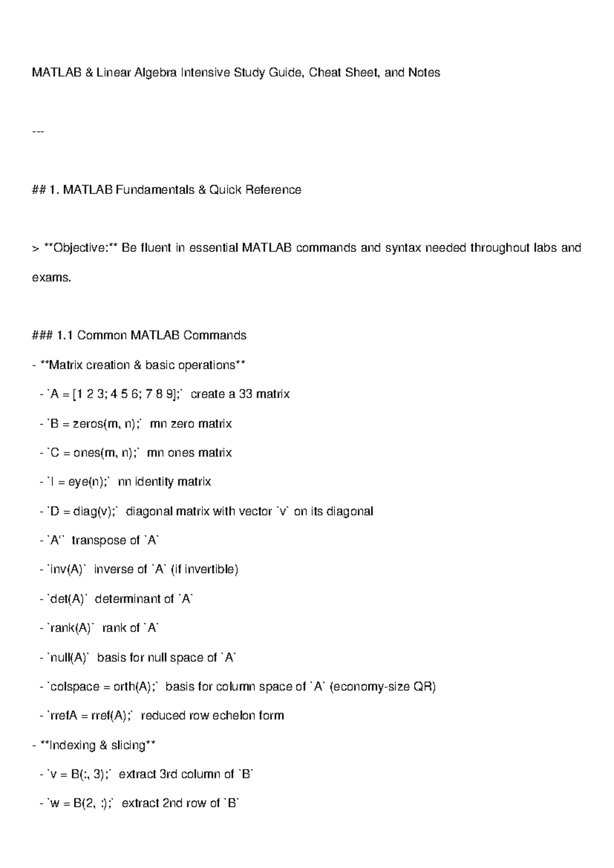 MATLAB Linear Algebra Study Guide: Key Concepts & Cheat Sheet - Studocu