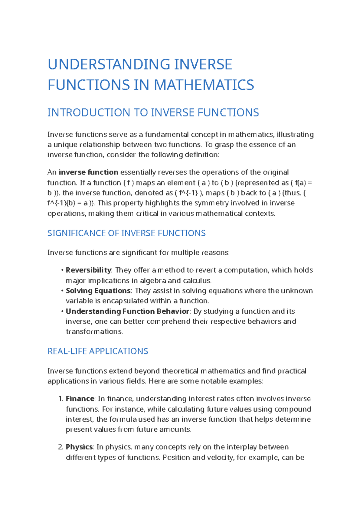 Understanding Inverse Functions in Mathematics (MATH 101) - Studocu