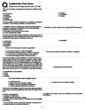 Leadership Exam 1 Practice Questions Quizlet (w/ answers) - Name: Score ...