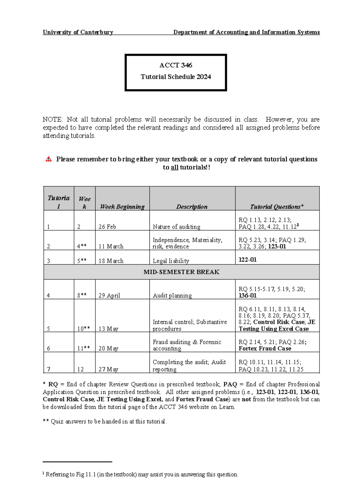 ACCT 346 Tutorial Schedule & Questions Guide for 2024 - Studocu