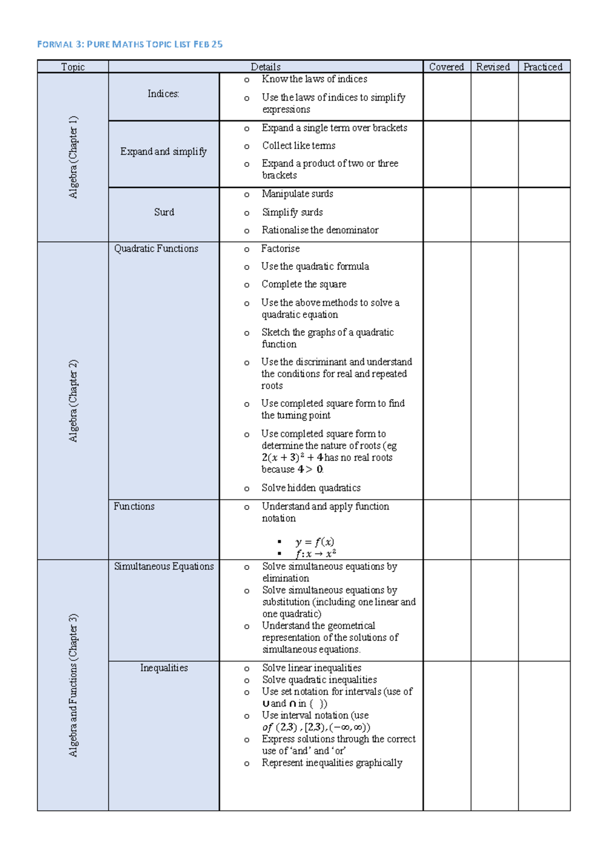 AS Maths Formal 3: Comprehensive Topic List for Pure Mathematics - Studocu