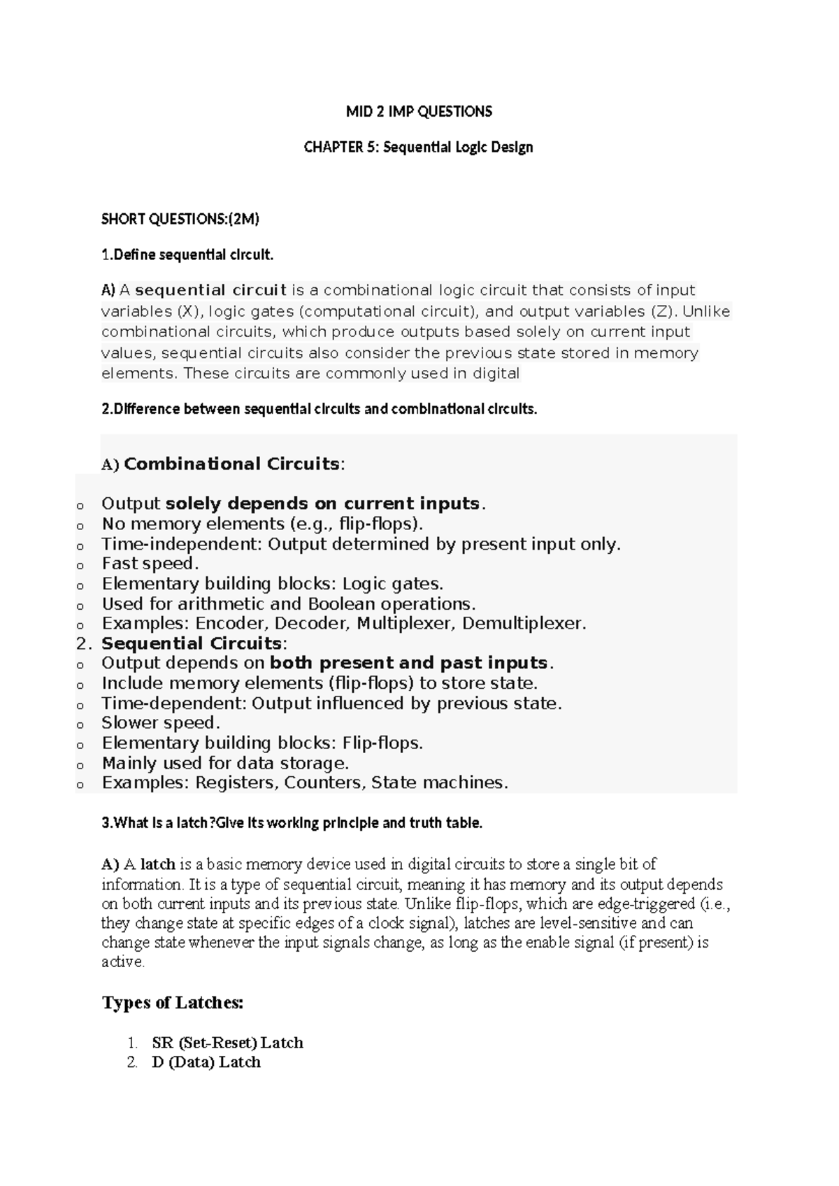 MID 2 DLD IMP - AU Materials - MID 2 IMP QUESTIONS CHAPTER 5: Sequential Logic Design SHORT ...