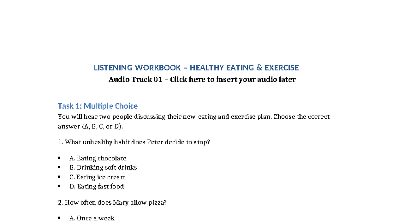 Listening Workbook: Healthy Eating & Exercise (Audio Track 01) - Studocu